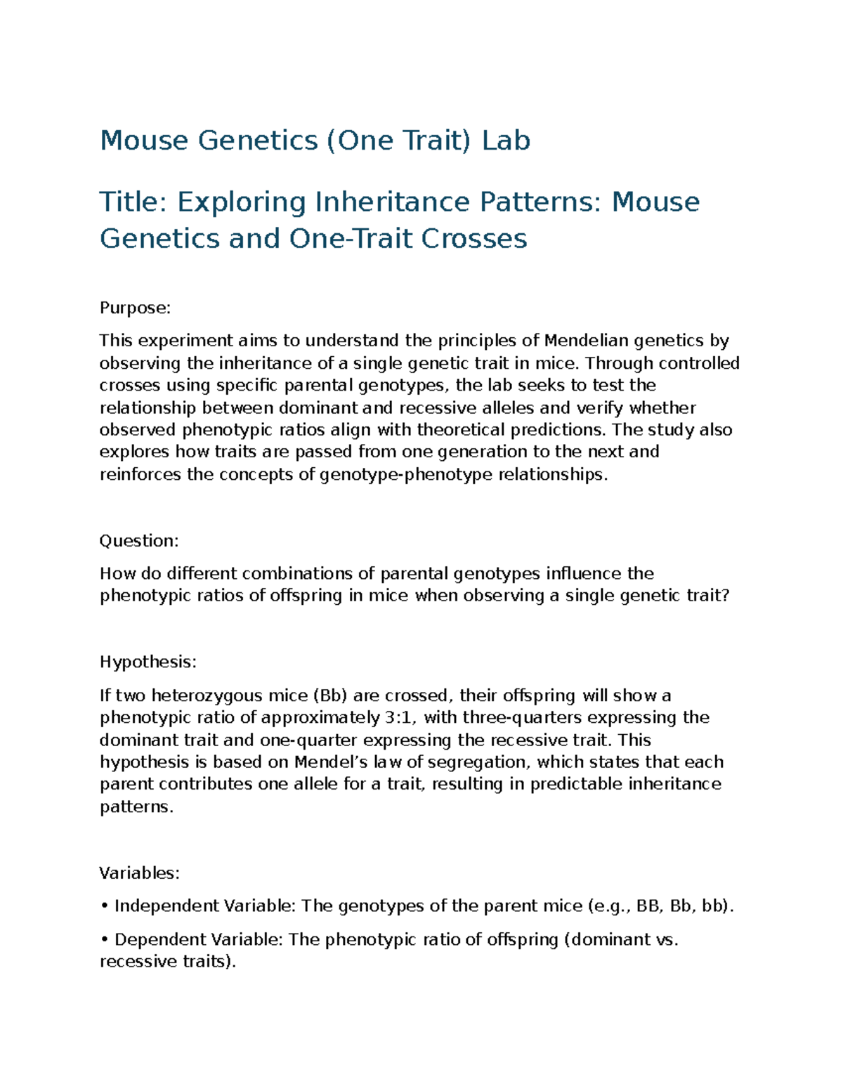 Mouse Genetics (One Trait) Lab Report: Inheritance Patterns Study - Studocu