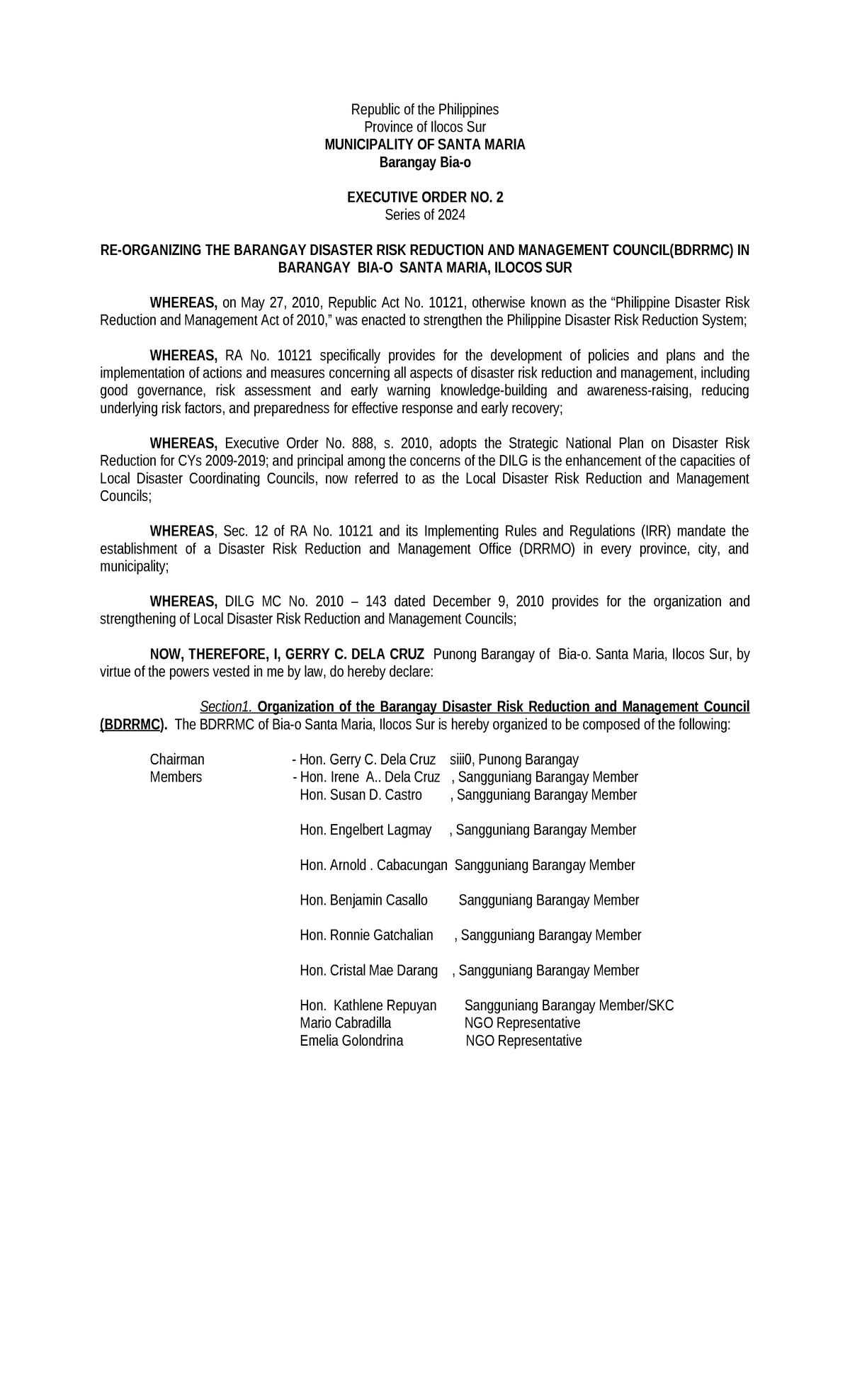 Barangay Disaster Risk Reduction Management Council EO - Santa Maria ...