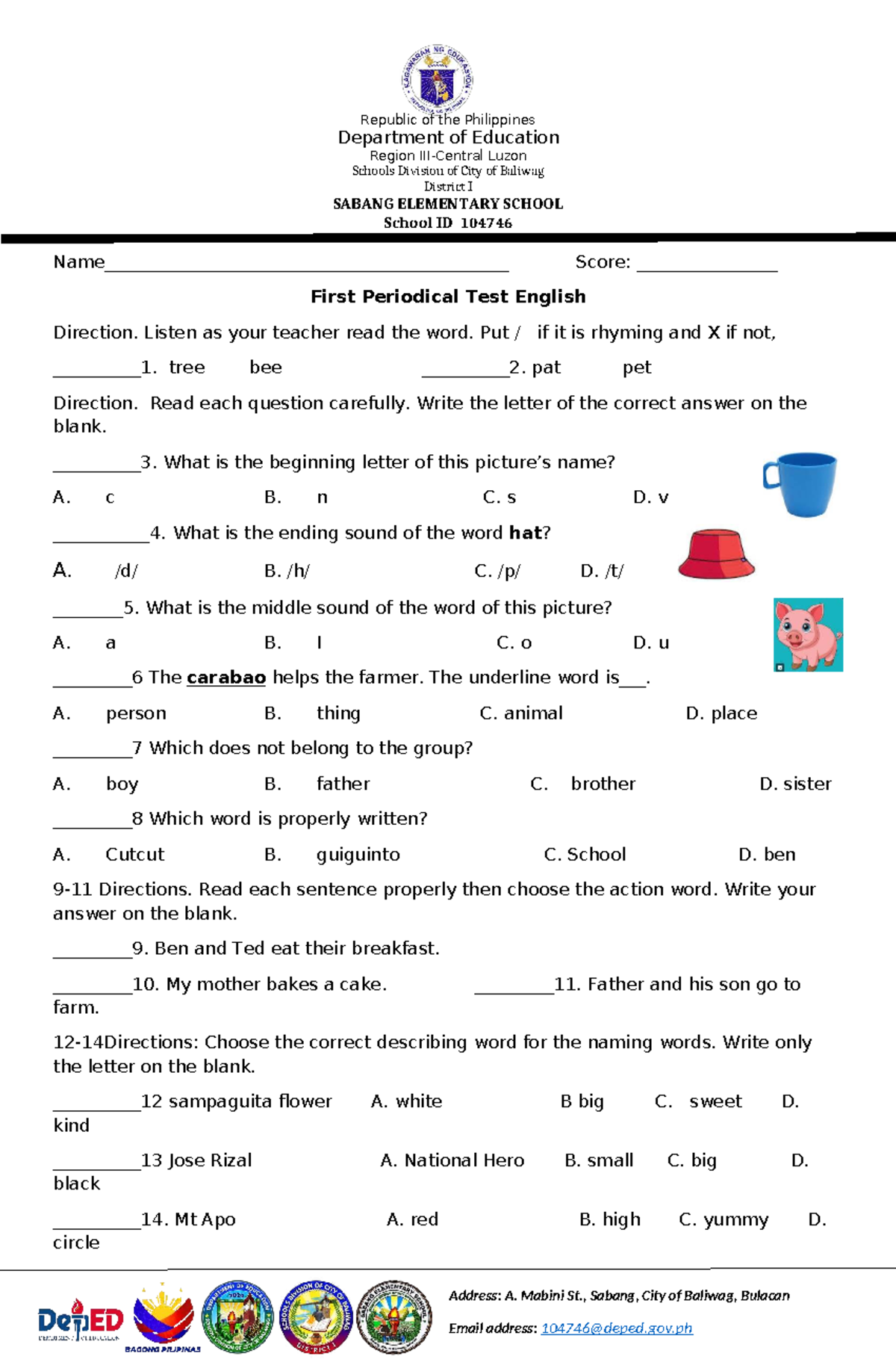 First Periodical Test All Subjects (Grade 1) - Sabang Elementary School ...