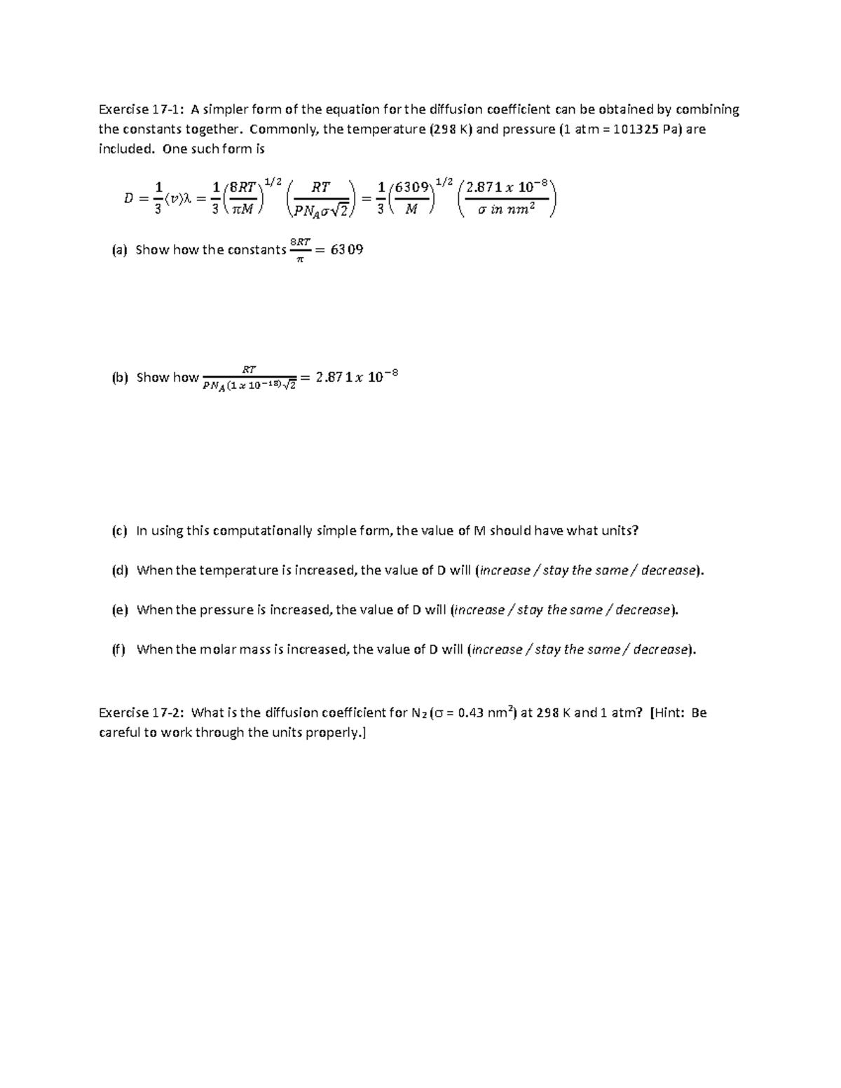 Chapter 17 Lecture Exercises on Diffusion Coefficient Calculations - Studocu