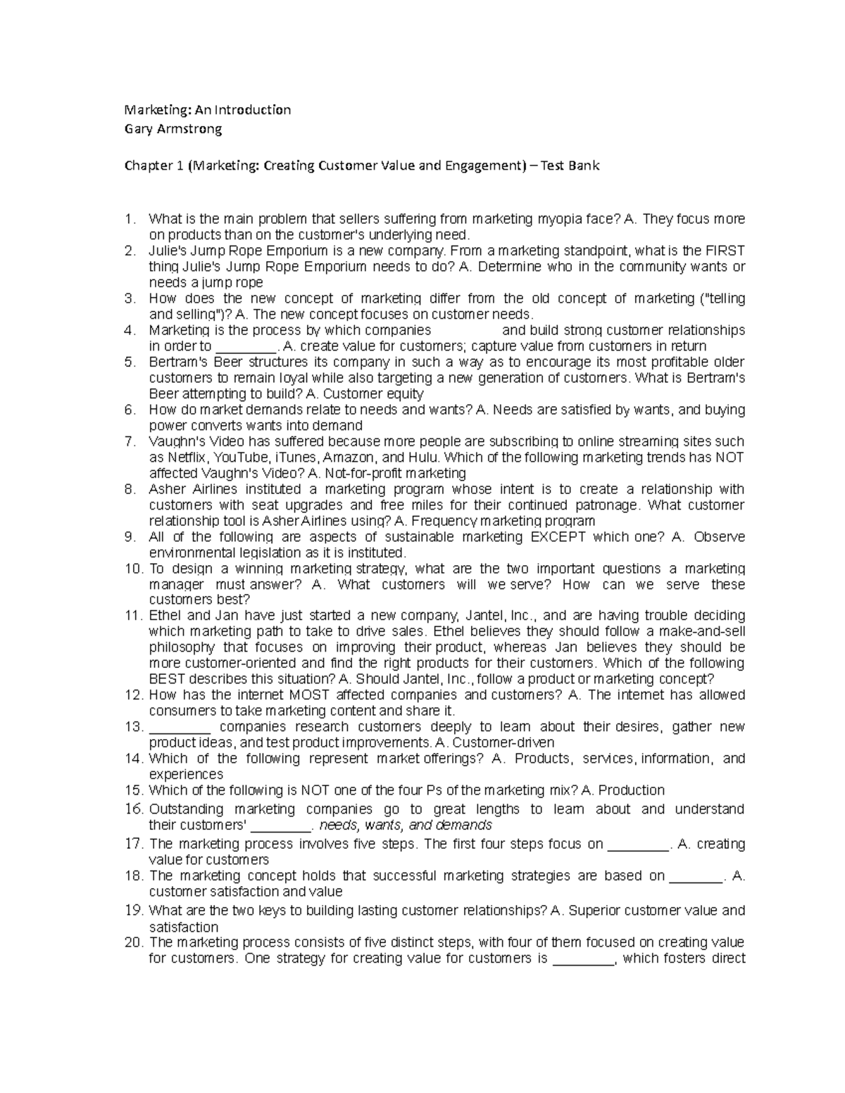 Chapter 1 - Test Bank for Marketing: Creating Customer Value ...