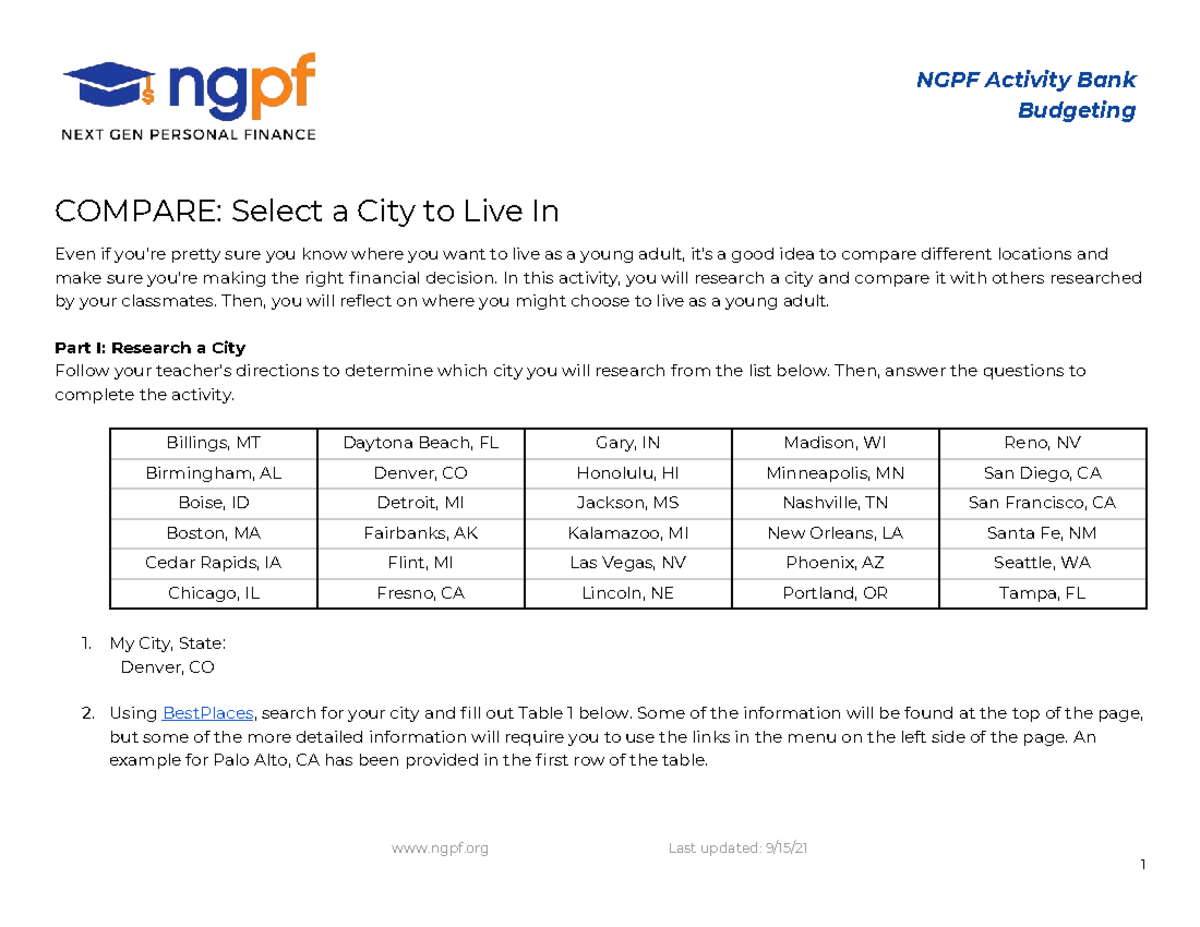 NGPF Activity Bank: Budgeting & City Comparison Analysis - Studocu