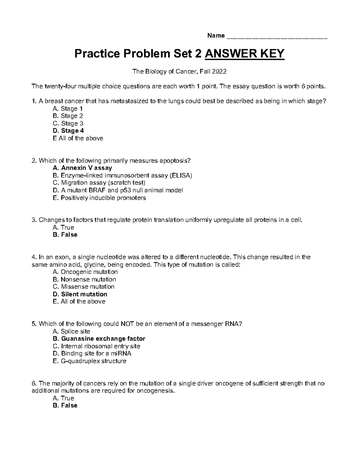 Biology of Cancer Practice Problem Set 2 Answer KEY - Name ...