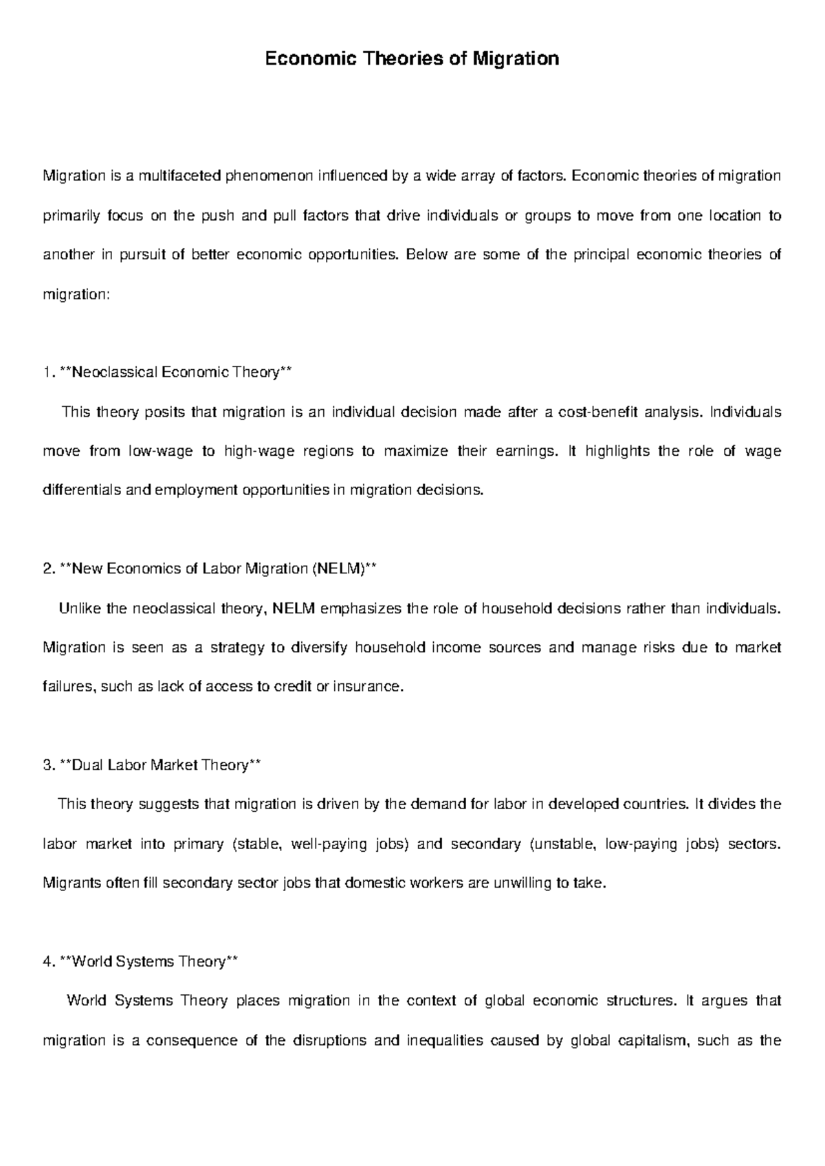 Economic Theories of Migration: Analyzing Push and Pull Factors - Studocu