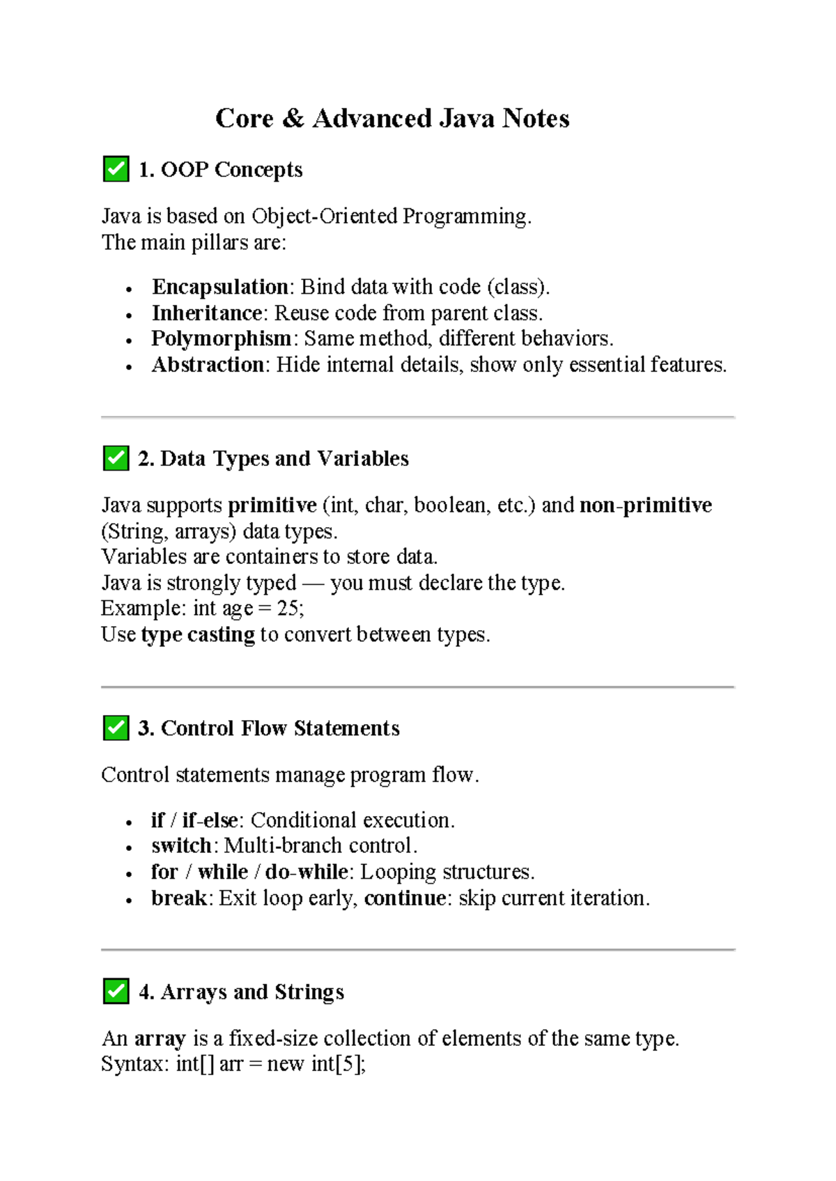 Core and Advanced Java Topics for Revision (CS101) - Studocu