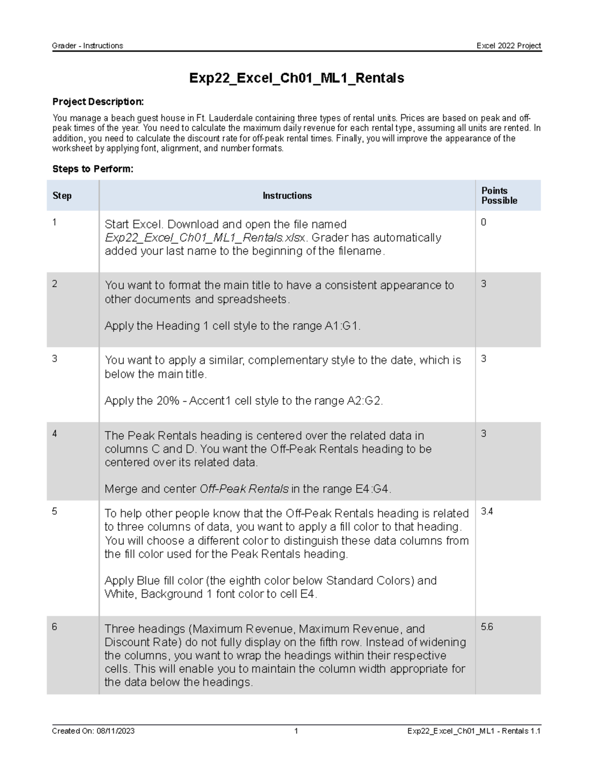Exp22 Excel Ch01 ML1 Rentals Instructions - Exp22_Excel_Ch01_ML1_Rentals Project Description ...