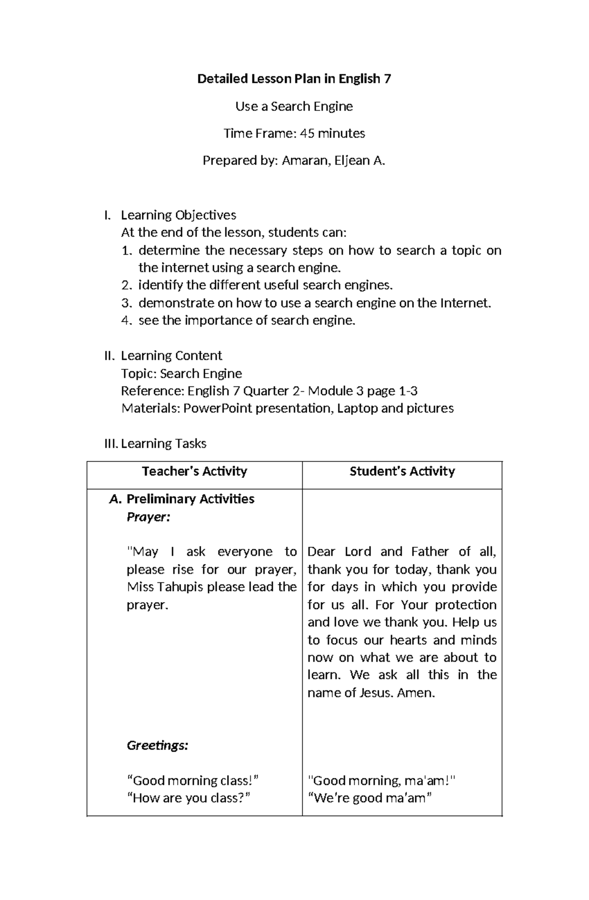 Detailed Lesson Plan: Using Search Engines in English 7 - Studocu