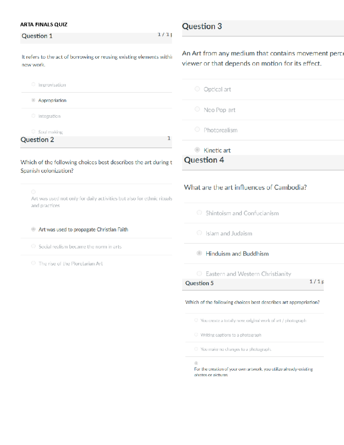 ARTA Finals QUIZ - Art Appreciation - ARTA FINALS QUIZ - Studocu