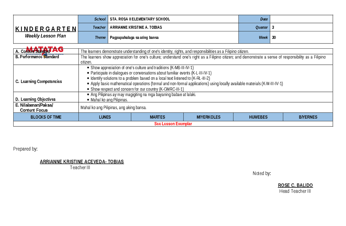 WEEK 30 DLL Matatag - K I N D E R G A R T E N Weekly Lesson Plan School ...
