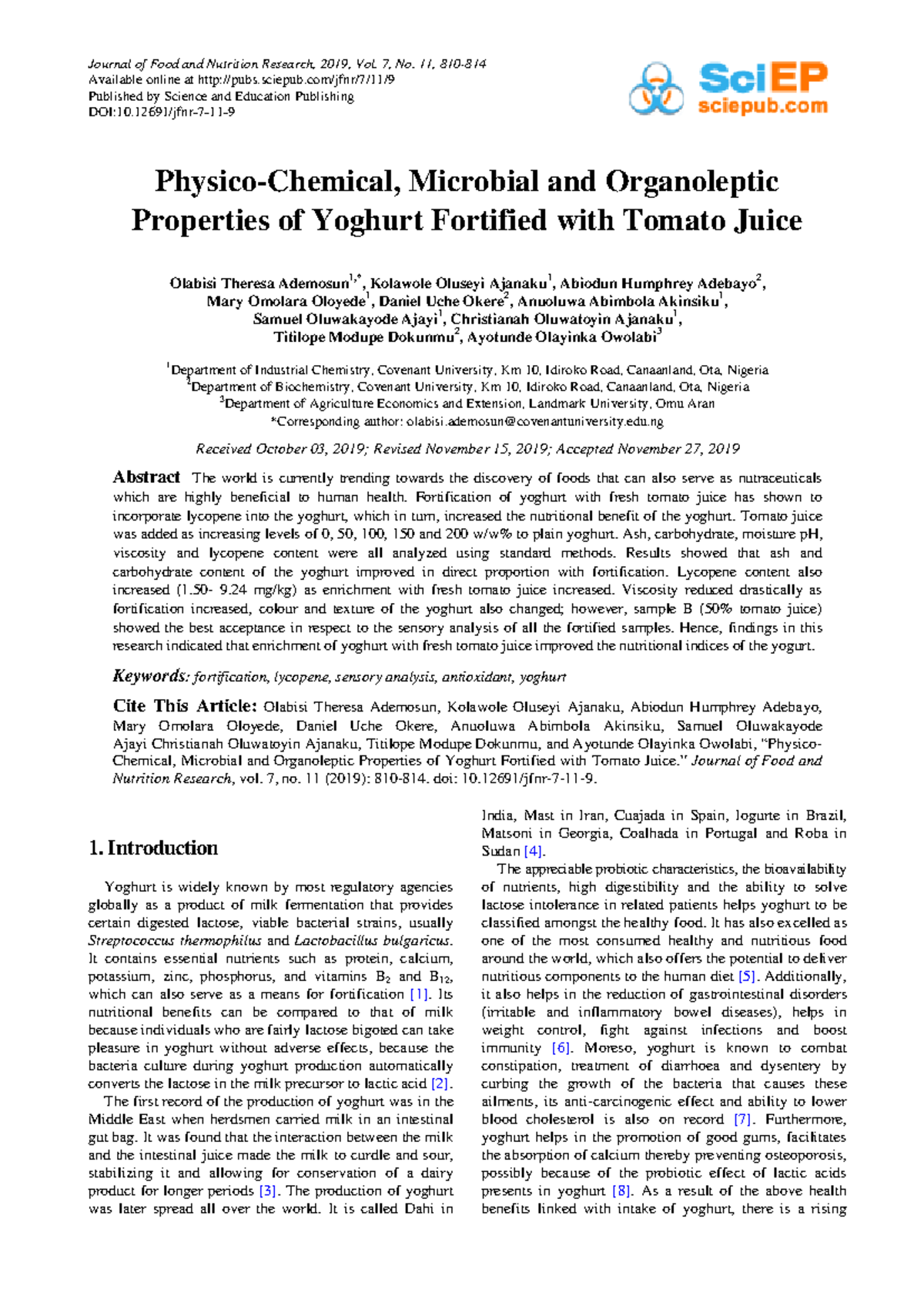 Microbial and Organoleptic Properties of Yoghurt Fortified with Tomato ...