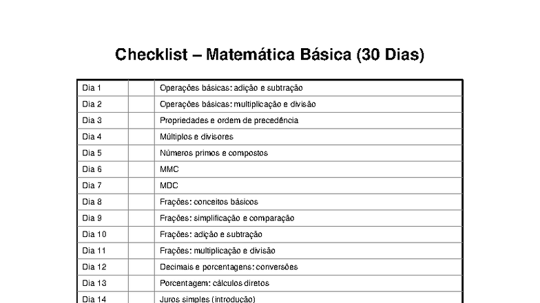 Checklist 30 Dias Matemática Básica: Operações e Conceitos - Studocu