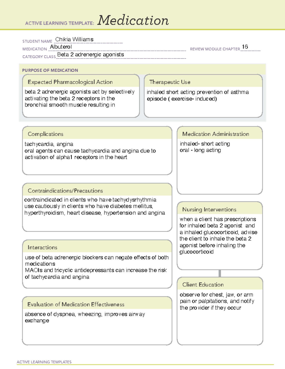 ACTIVE LEARNING TEMPLATE: Drug Card for Albuterol (Beta 2 Agonist ...