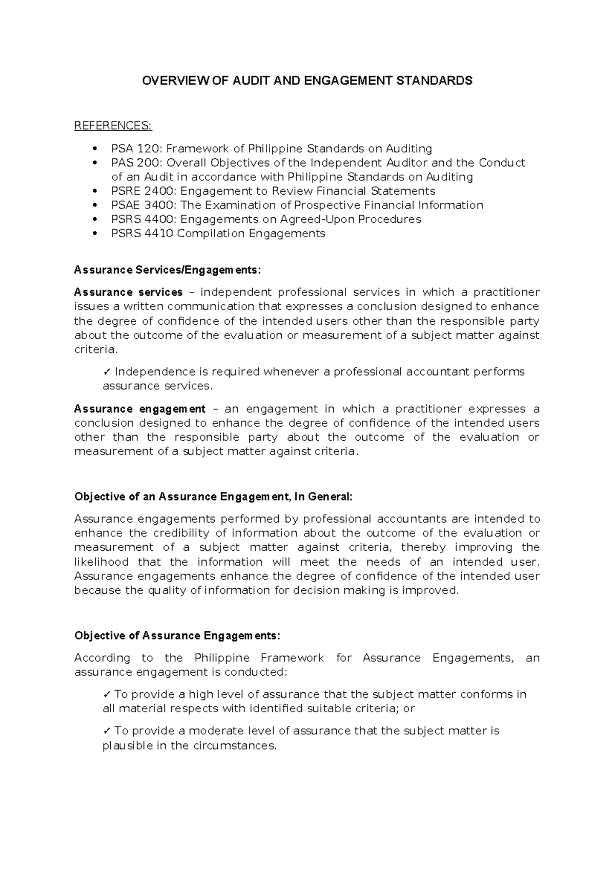 Overview of Audit & Engagement Standards: PSA 120, PAS 200, PSRE 2400 ...