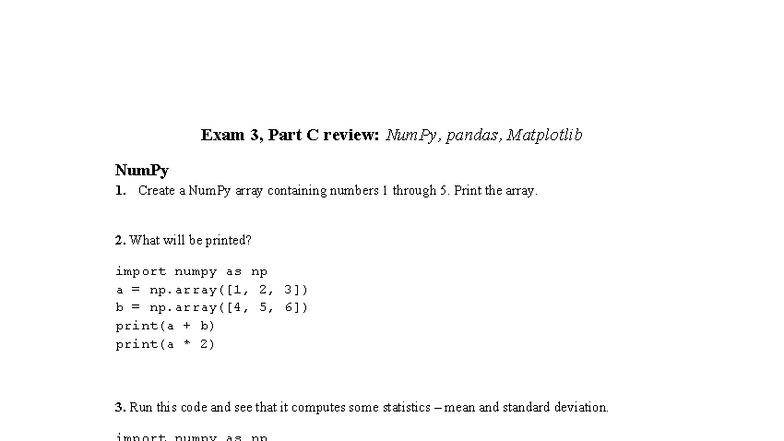 Exam 3 Review: NumPy, pandas, Matplotlib - CSE1010 Worksheet - Studocu
