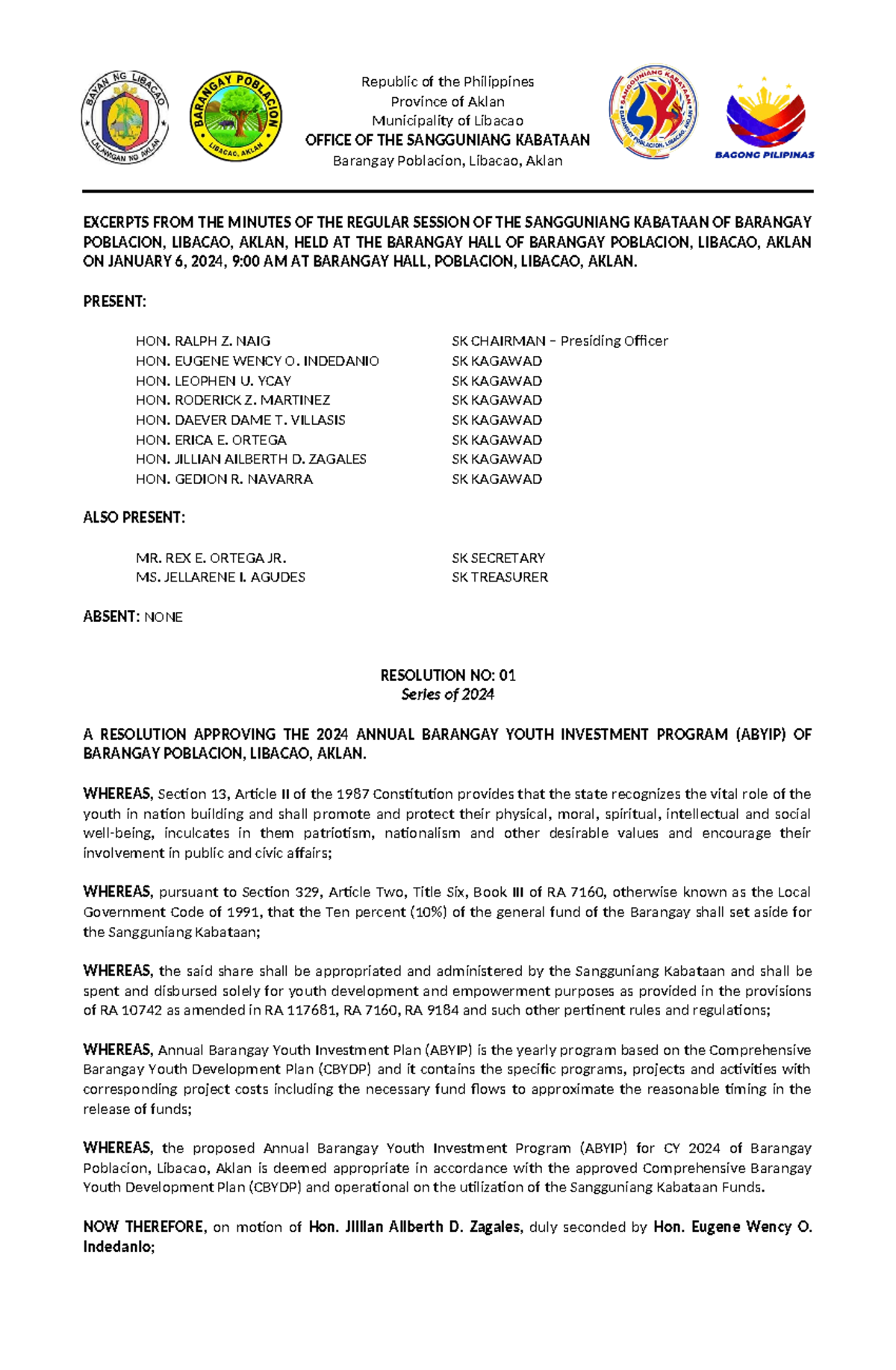 Approval of 2024 Annual Barangay Youth Investment Program (ABYIP) - Studocu