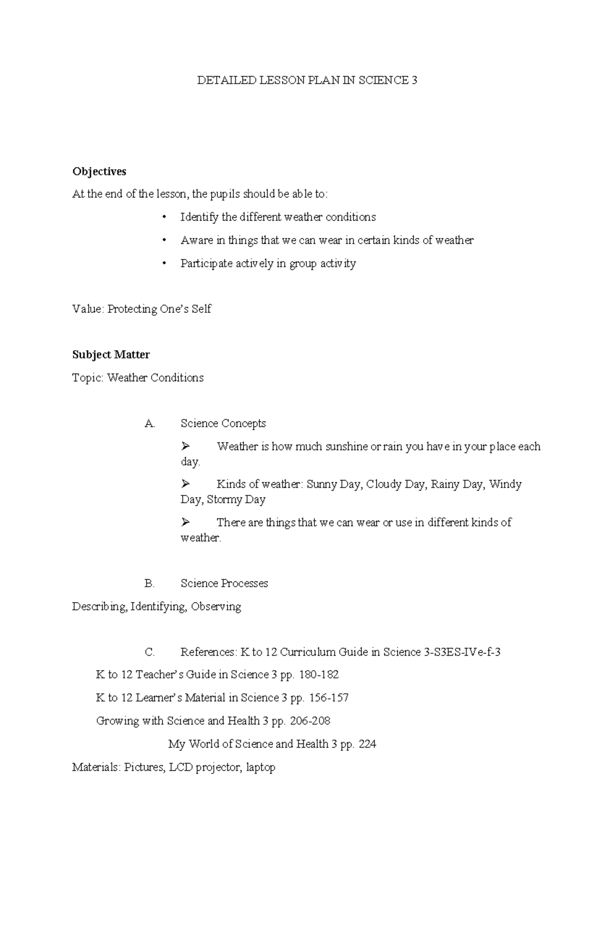 DLP IN Science 3- Weather Condition - DETAILED LESSON PLAN IN SCIENCE 3 ...