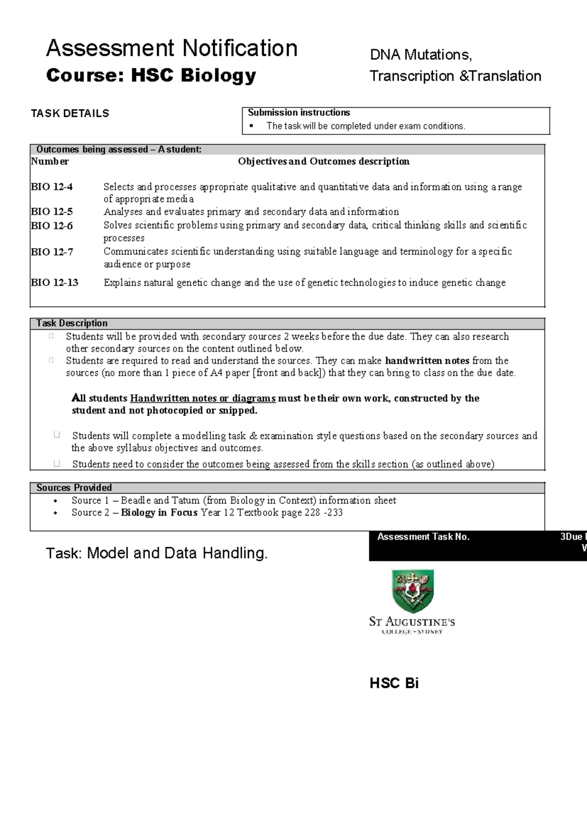 Backup of 12BIO Task 3 Notification 2023 - Assessment Notification Course: HSC Biology Task ...