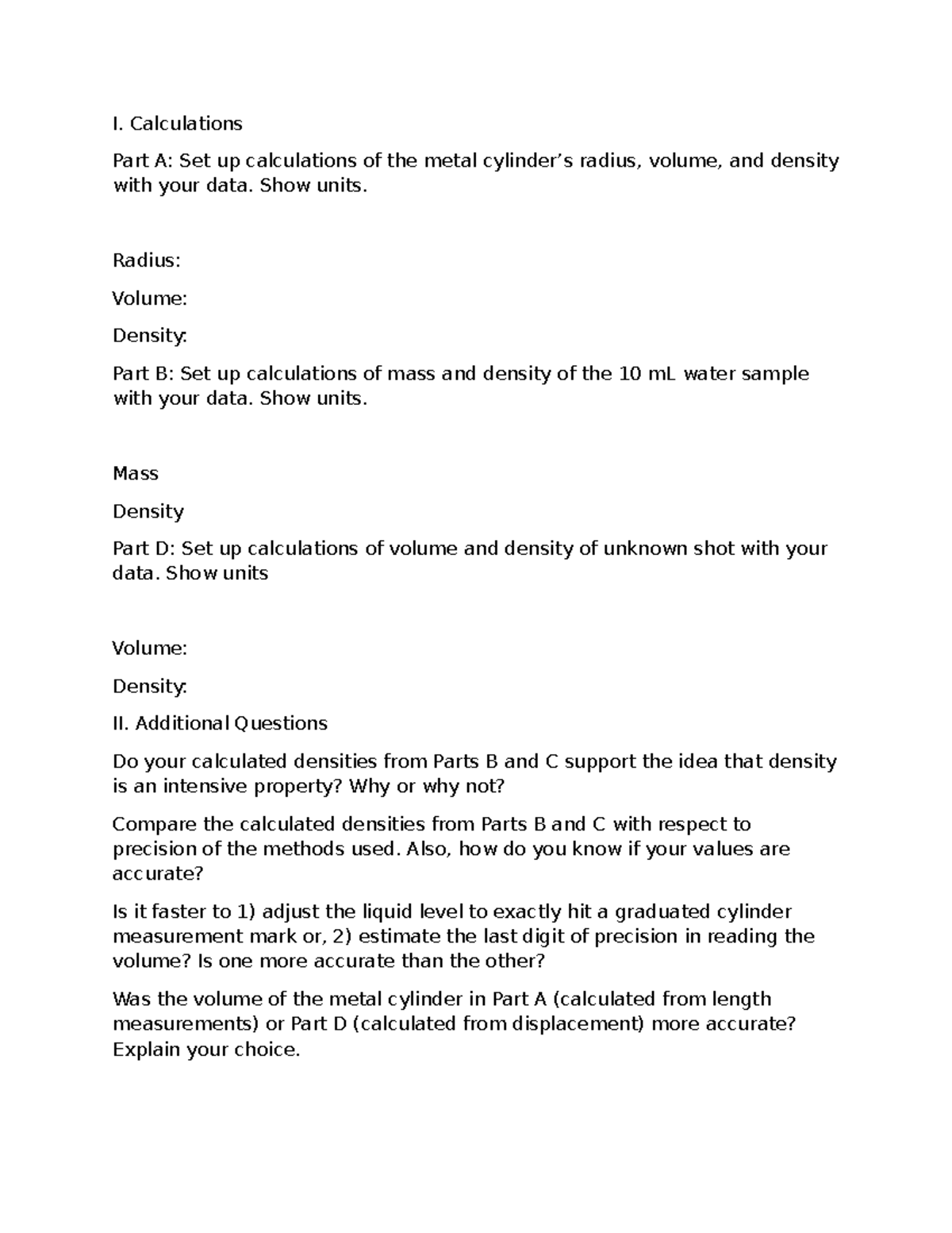 LAB 1 Post Lab Questions: Metal Density Calculations and Analysis - Studocu