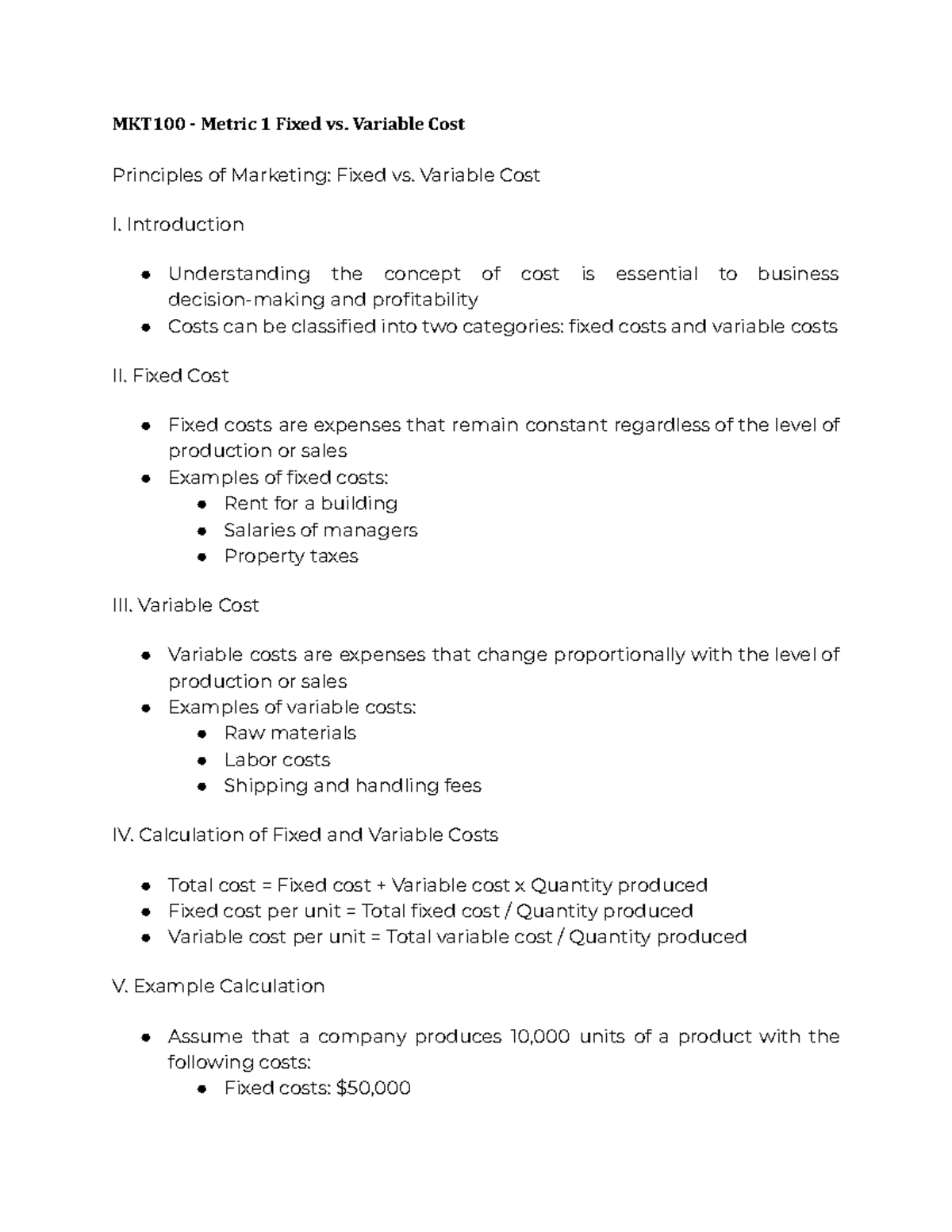 MKT100 - Fixed vs. Variable Costs: Key Concepts and Analysis - Studocu