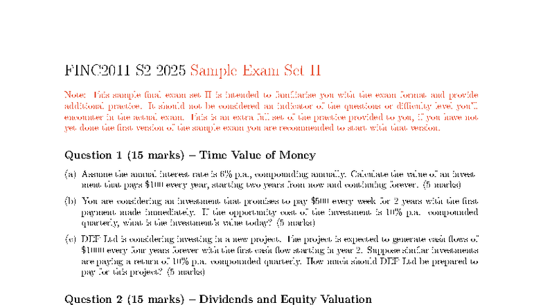 FINC2011 S2 2025 Sample Final Exam Set II Notes - Studocu