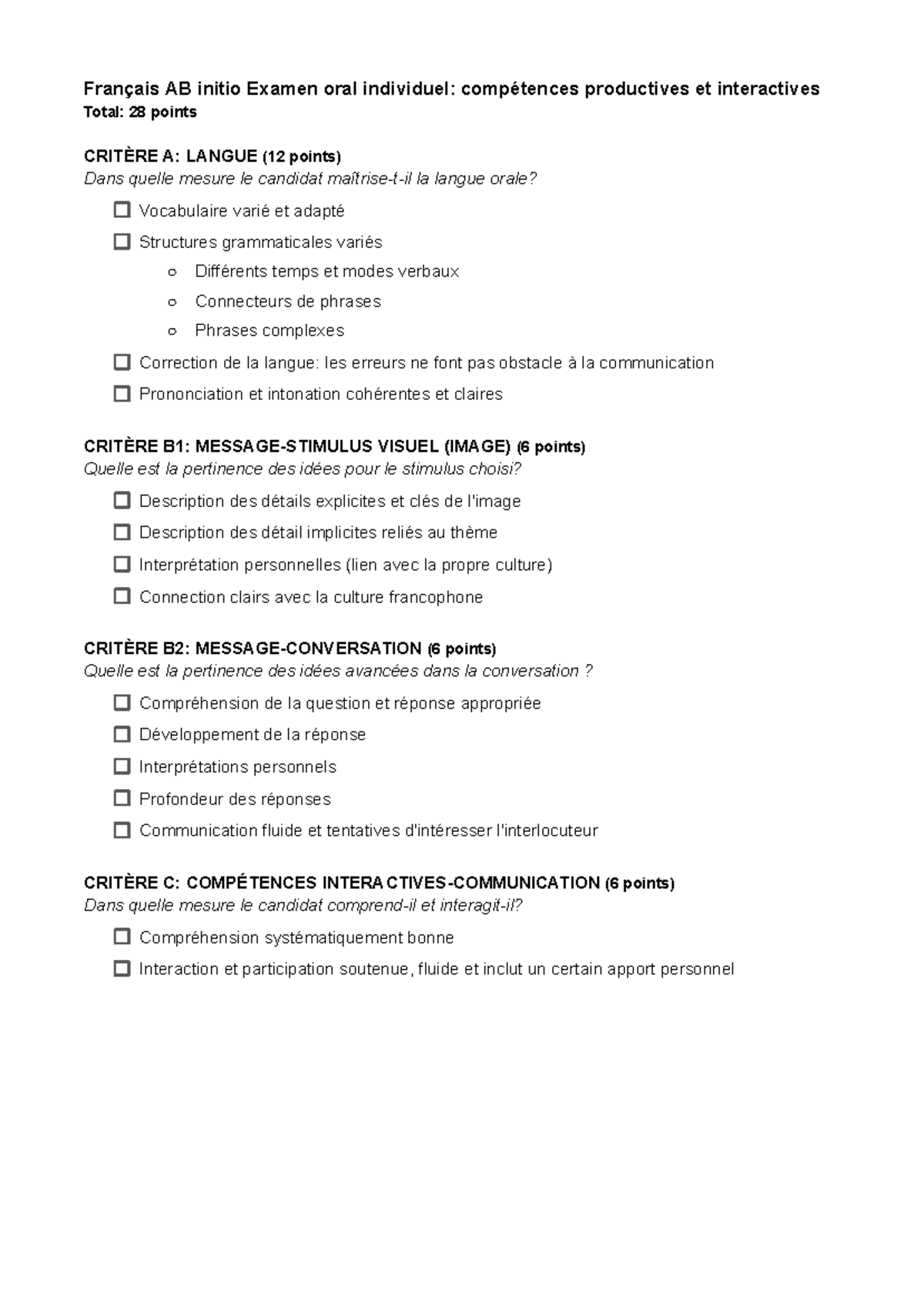 Français AB Initio Oral Exam Checklist: Productive & Interactive Skills ...