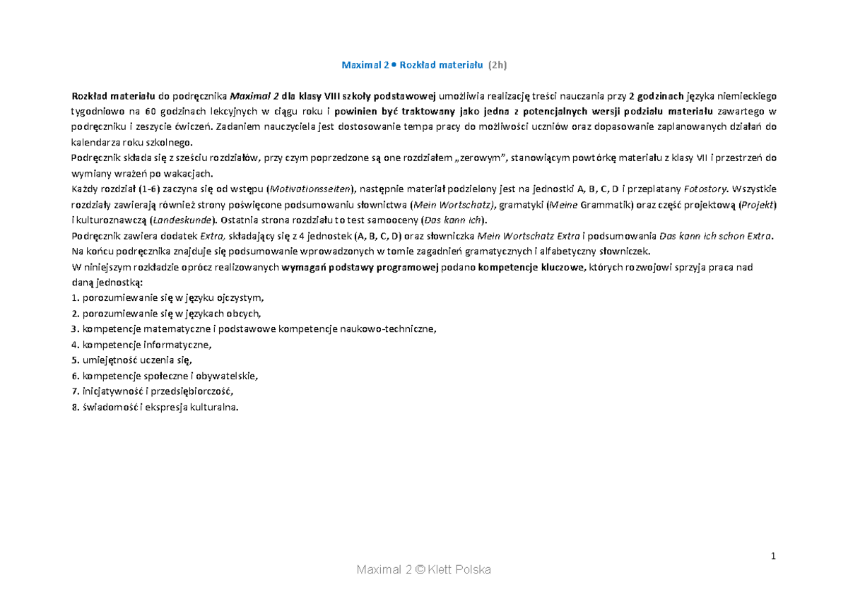 Rozkład materiału do podręcznika Maximal 2 (2h) dla klasy VIII - Studocu