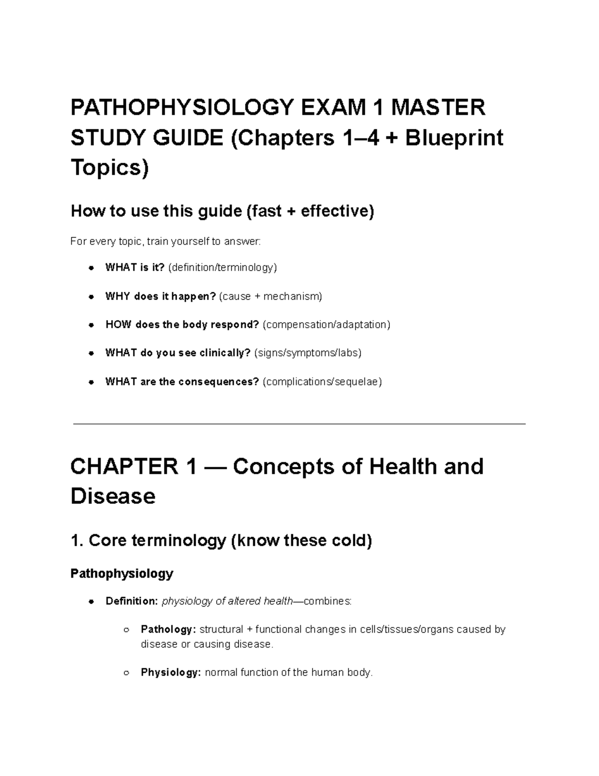 PATHOPHYSIOLOGY EXAM 1 STUDY GUIDE (Chapters 1-4 Overview) - Studocu