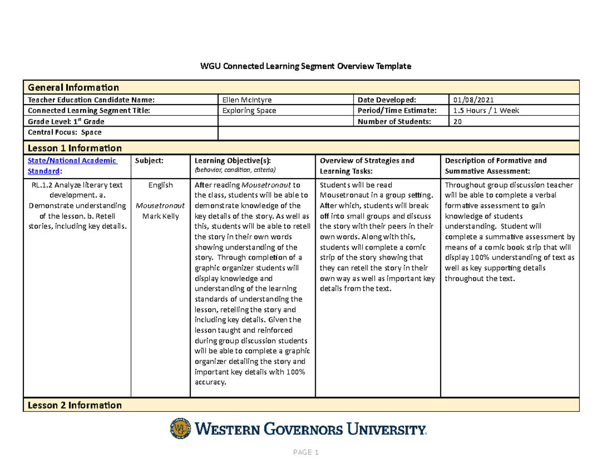 Children's Literature-Task 2 - WGU Connected Learning Segment Overview Template General ...