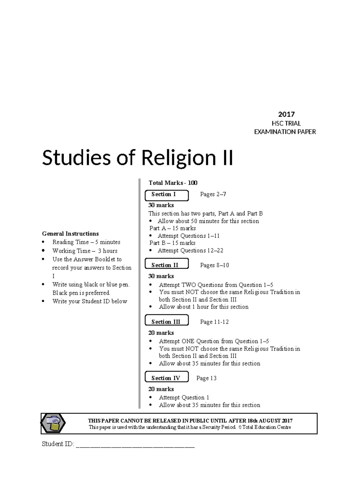 2017 HSC Trial Examination Paper: Studies of Religion II - Studocu
