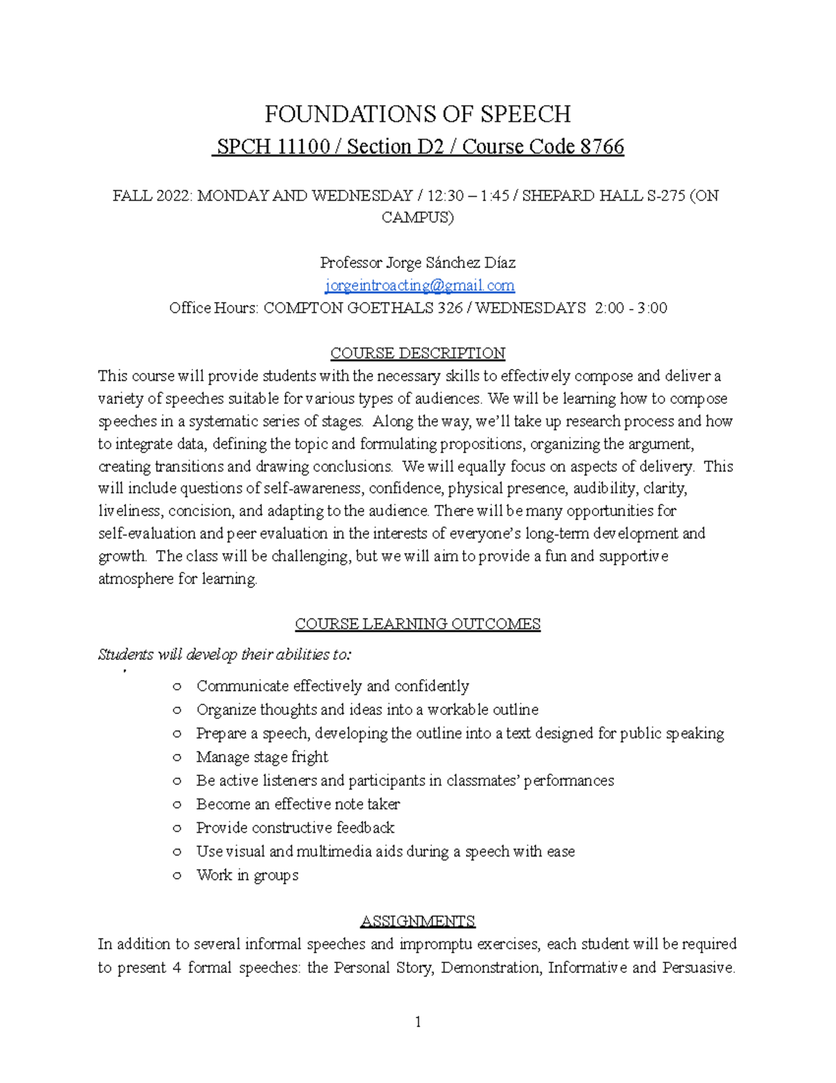 SPCH 11100 - Speech Course Syllabus - Fall 2022 | Prof. Díaz - Studocu