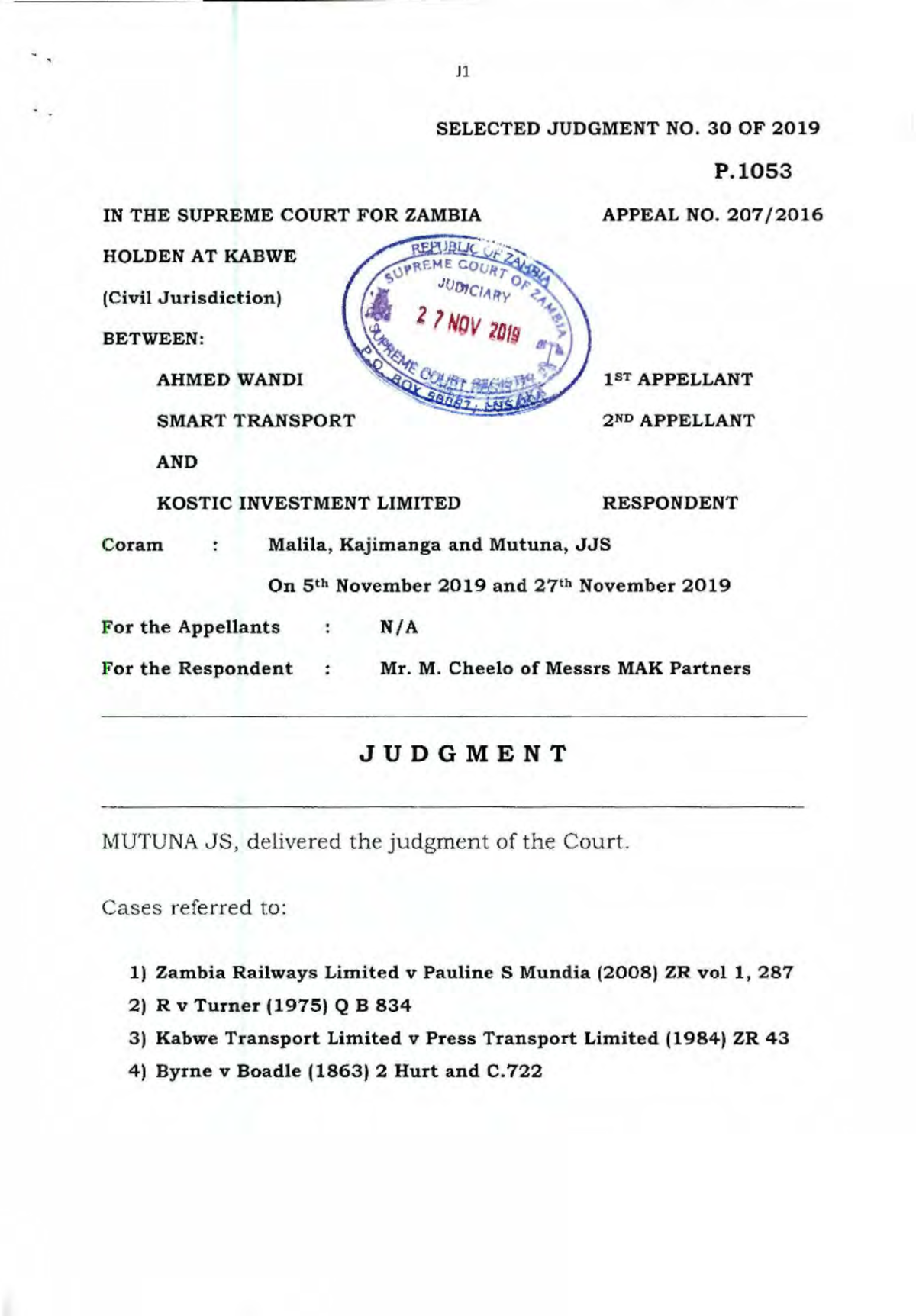 J1 Appeal No. 207 of 2016: Ahmed Wandi v Kostic Investment Ltd Judgment ...
