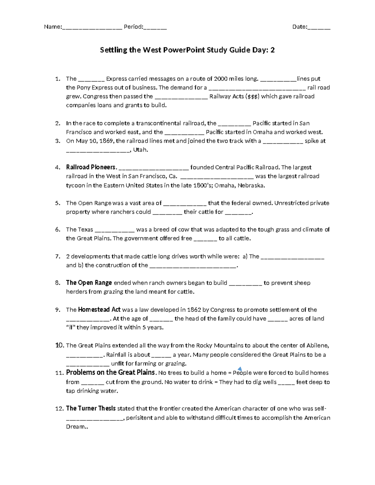 PowerPoint Study Guide: Settling the West (Day 2) - Studocu