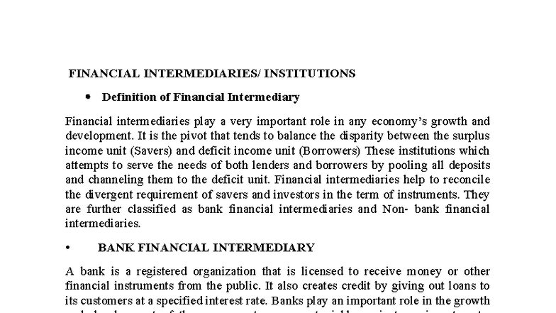 BANK Financial Intermediaries: Roles and Functions - FIN 317 - Studocu