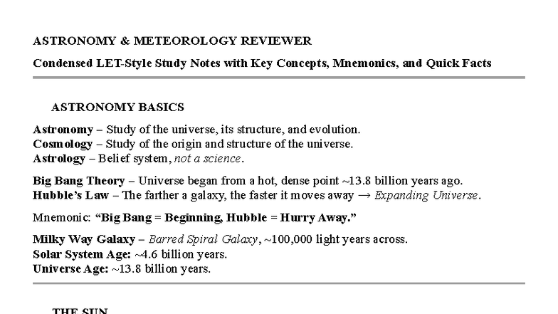 ASTR 101: Astronomy & Meteorology Lecture Notes - Key Concepts ...