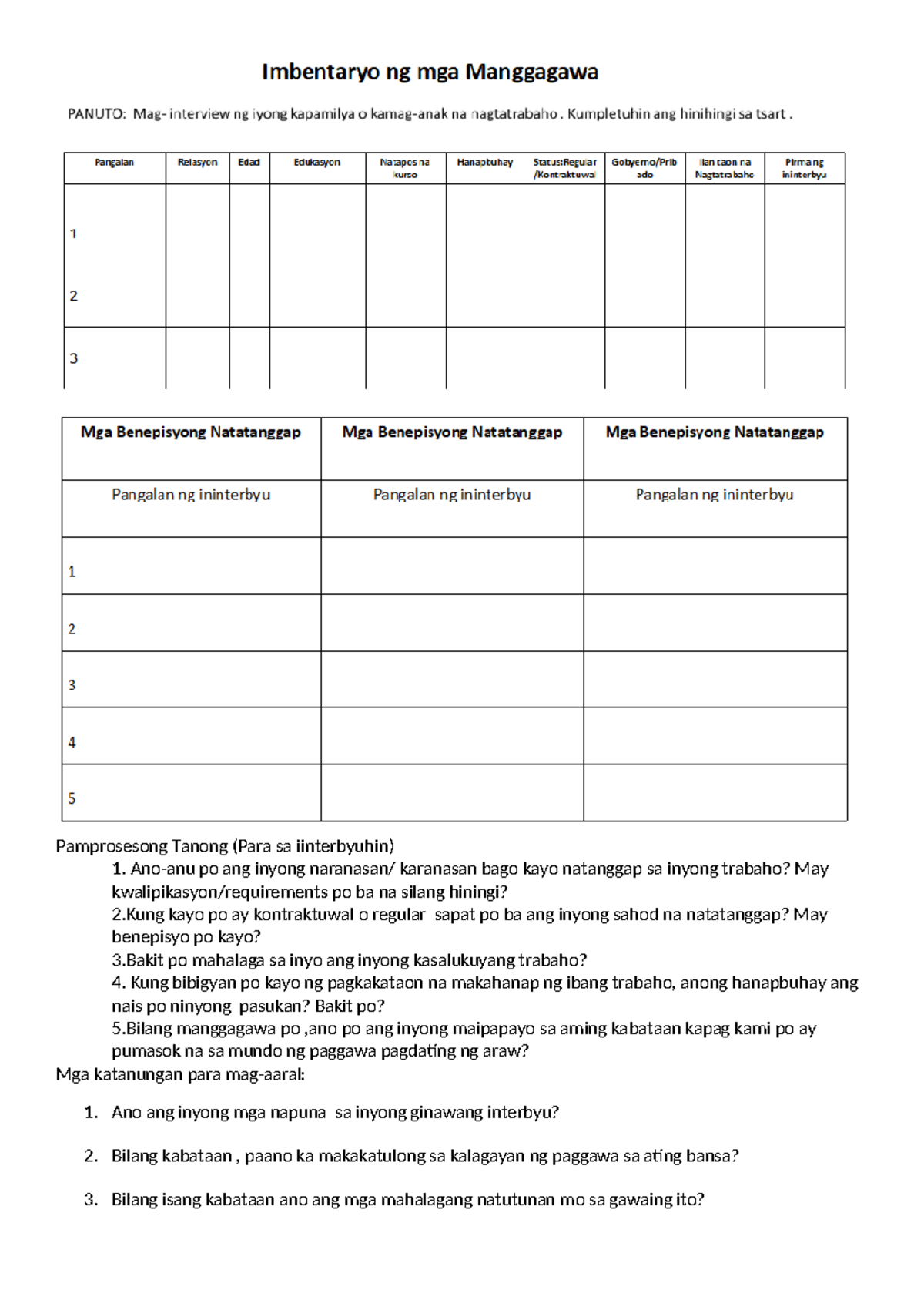 Pamprosesong Tanong para sa Interbyu at Pagsusuri - Studocu