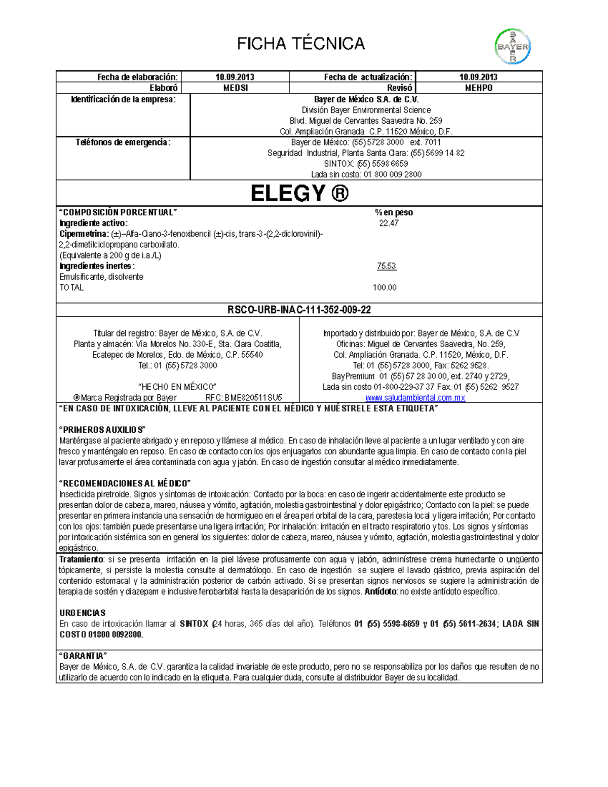 Ficha Técnica de ELEGY® Insecticida (RSCO-URB-INAC-111-352-009-22 ...