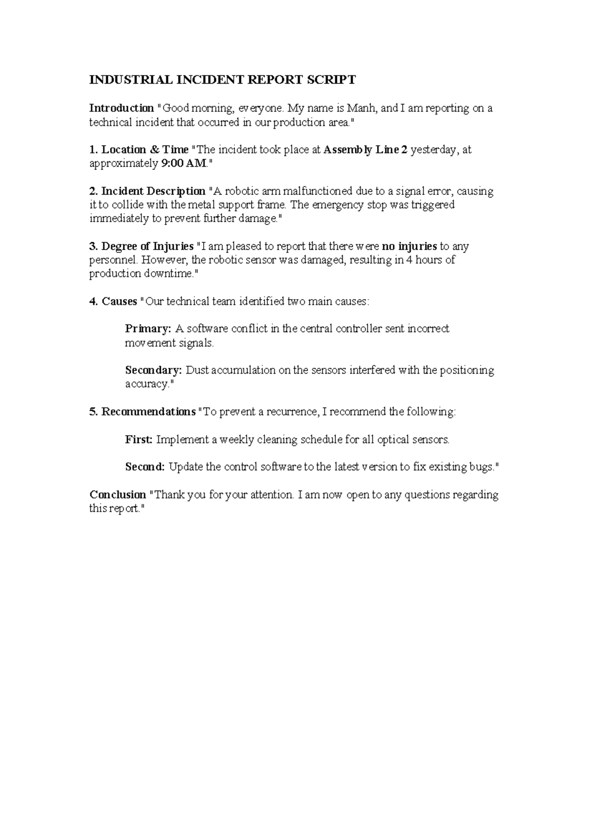 Industrial Incident Report Script: Robotic Arm Malfunction Analysis ...