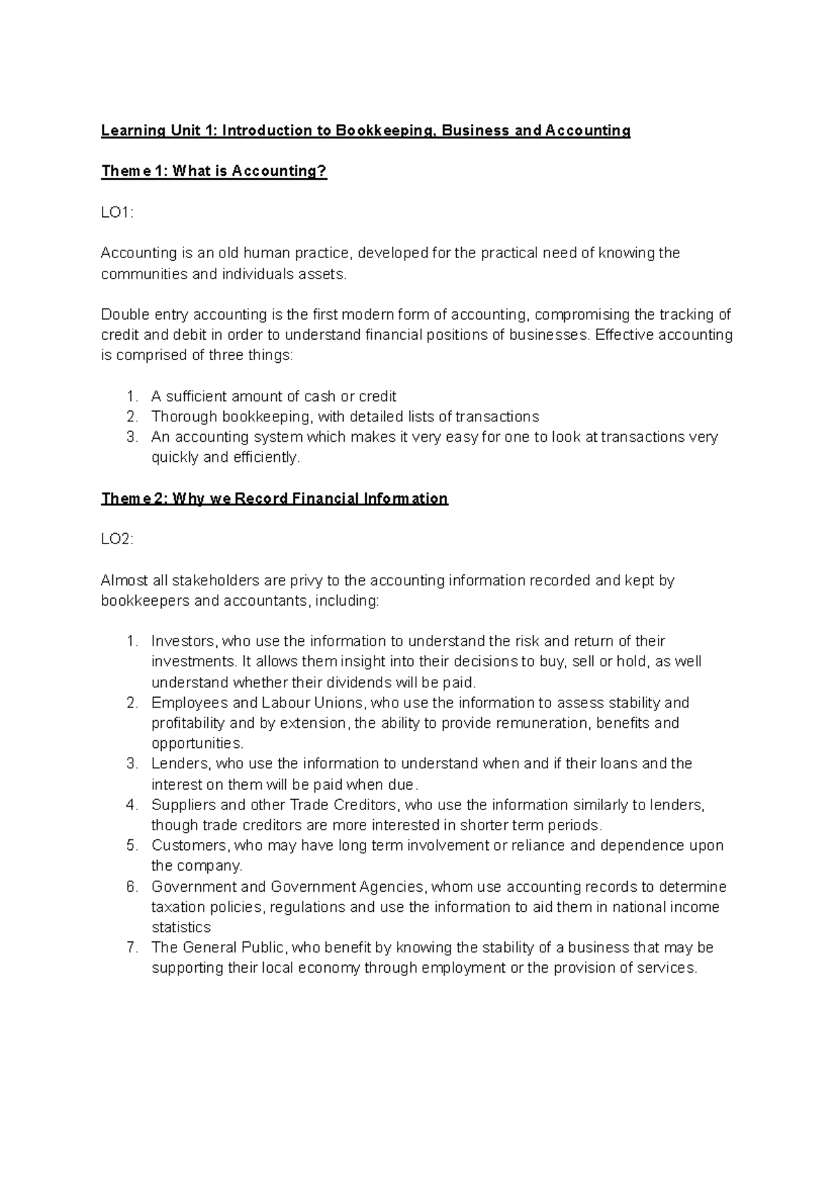 ACBP5121: Learning Unit 1 - Intro to Bookkeeping & Accounting - Studocu
