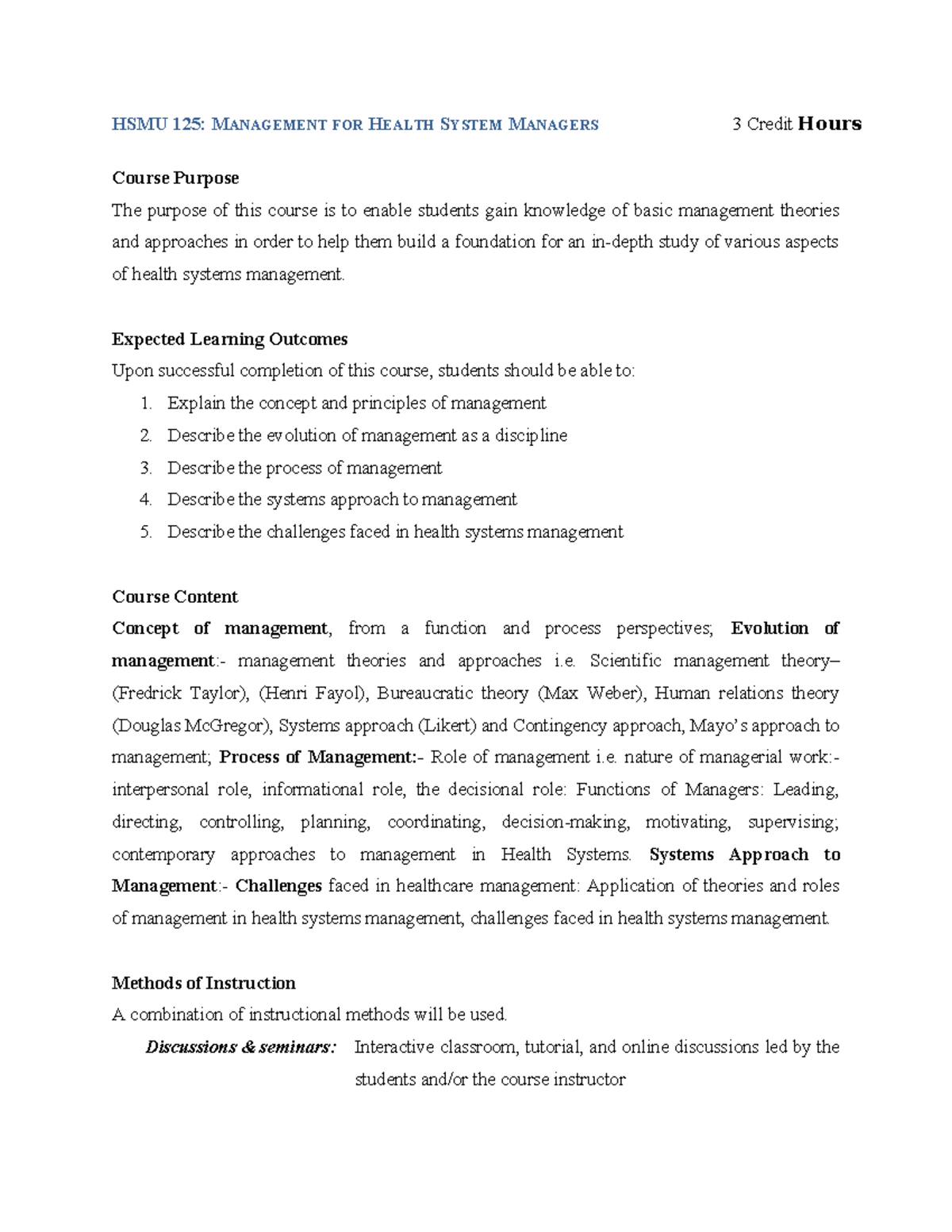 HSMU 125: Management Principles in Health Systems Management - HSMU 125 ...