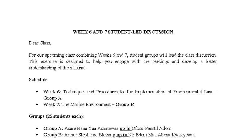 Student-Led Class Discussion: Environmental Law (Weeks 6 & 7) - Studocu