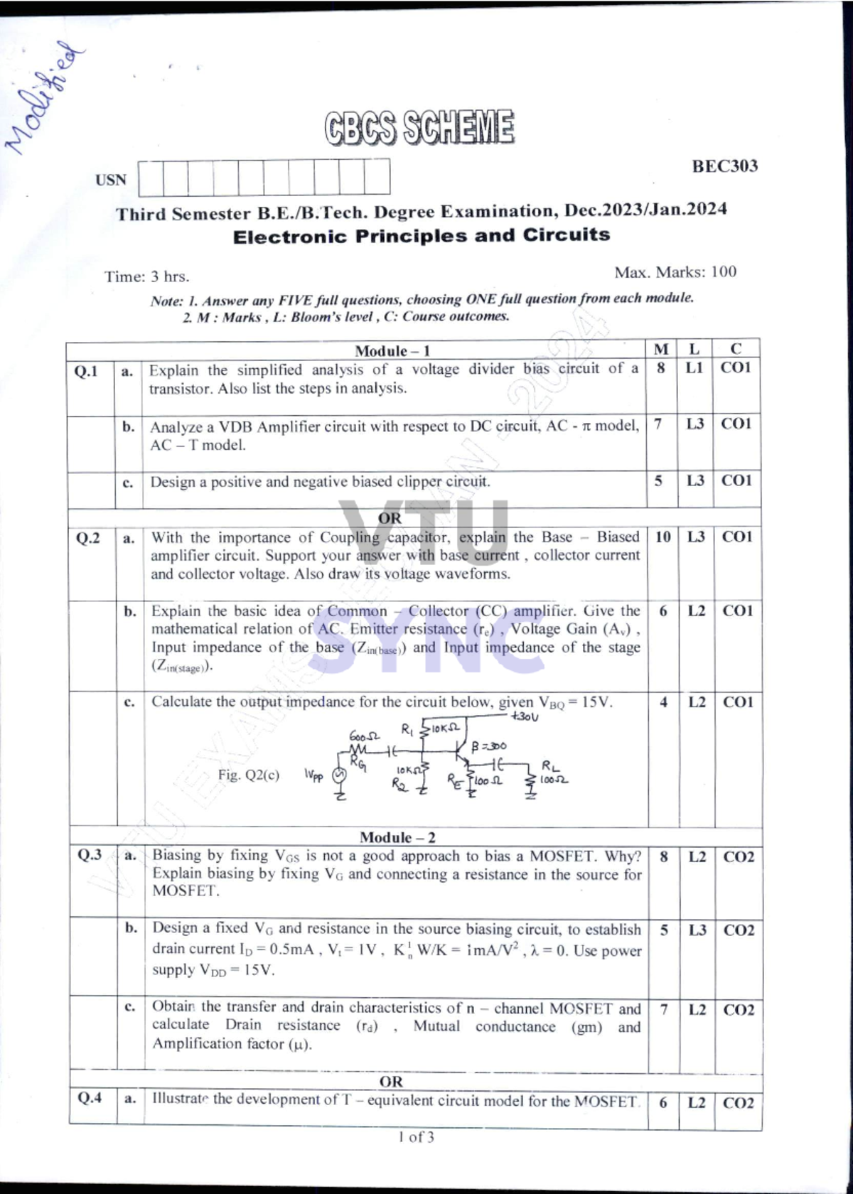 BEC303 Third Semester Exam: Electronic Principles & Circuits - Studocu