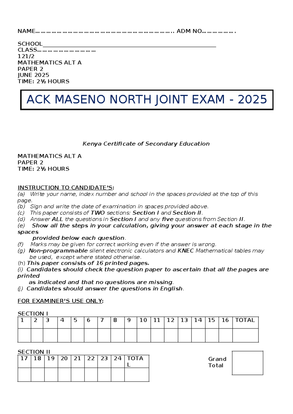 ACK MATHEMATICS ALT A PAPER 2 JUNE 2025 - KCSE Revision Questions - Studocu
