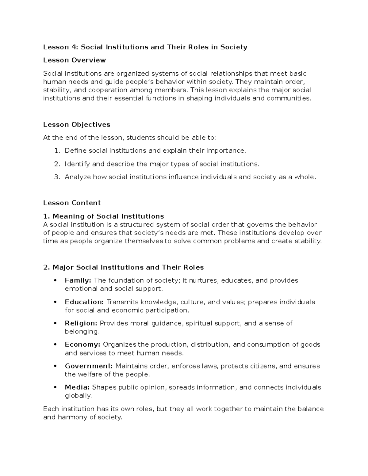 Lesson 4: Understanding Social Institutions and Their Societal Roles ...