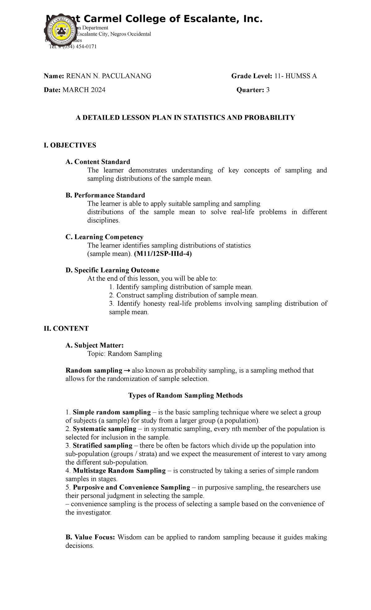Detailed Lesson Plan in Statistics & Probability (M11/12SP-IIId-4 ...