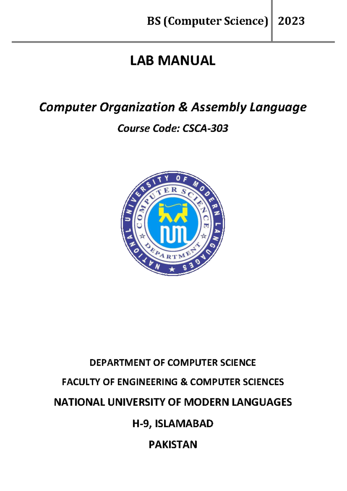 BS (Computer Science) 2023 Lab Manual: Intel 8088 Assembly Language ...