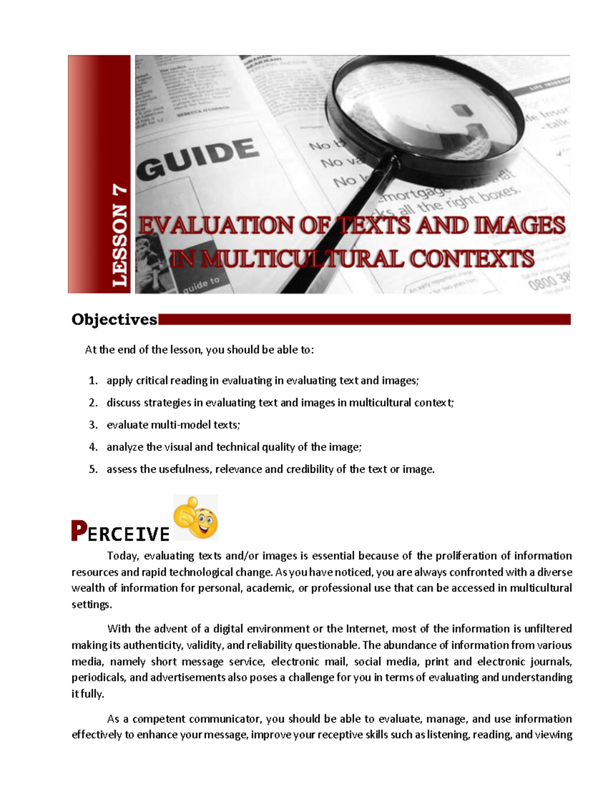 Lesson 7 - Evaluating Texts and Images: Critical Reading Skills - Studocu