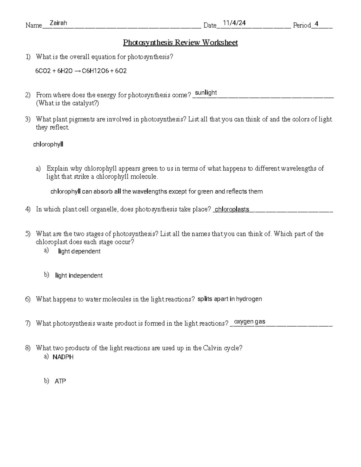 Photosynthesis Review Worksheet: Key Concepts & Reactions - Studocu