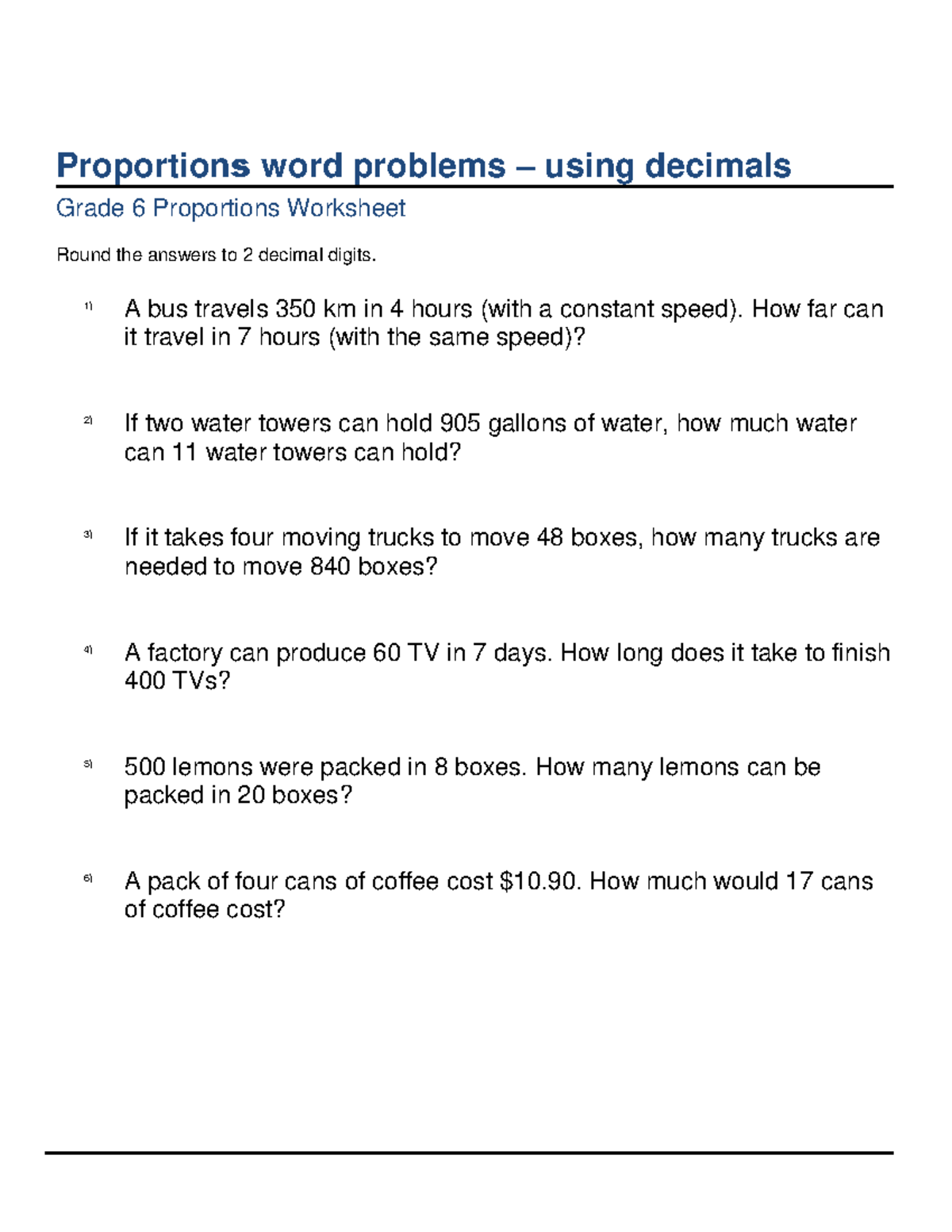 Grade 6 Proportions Worksheet: Word Problems with Decimals - Studocu