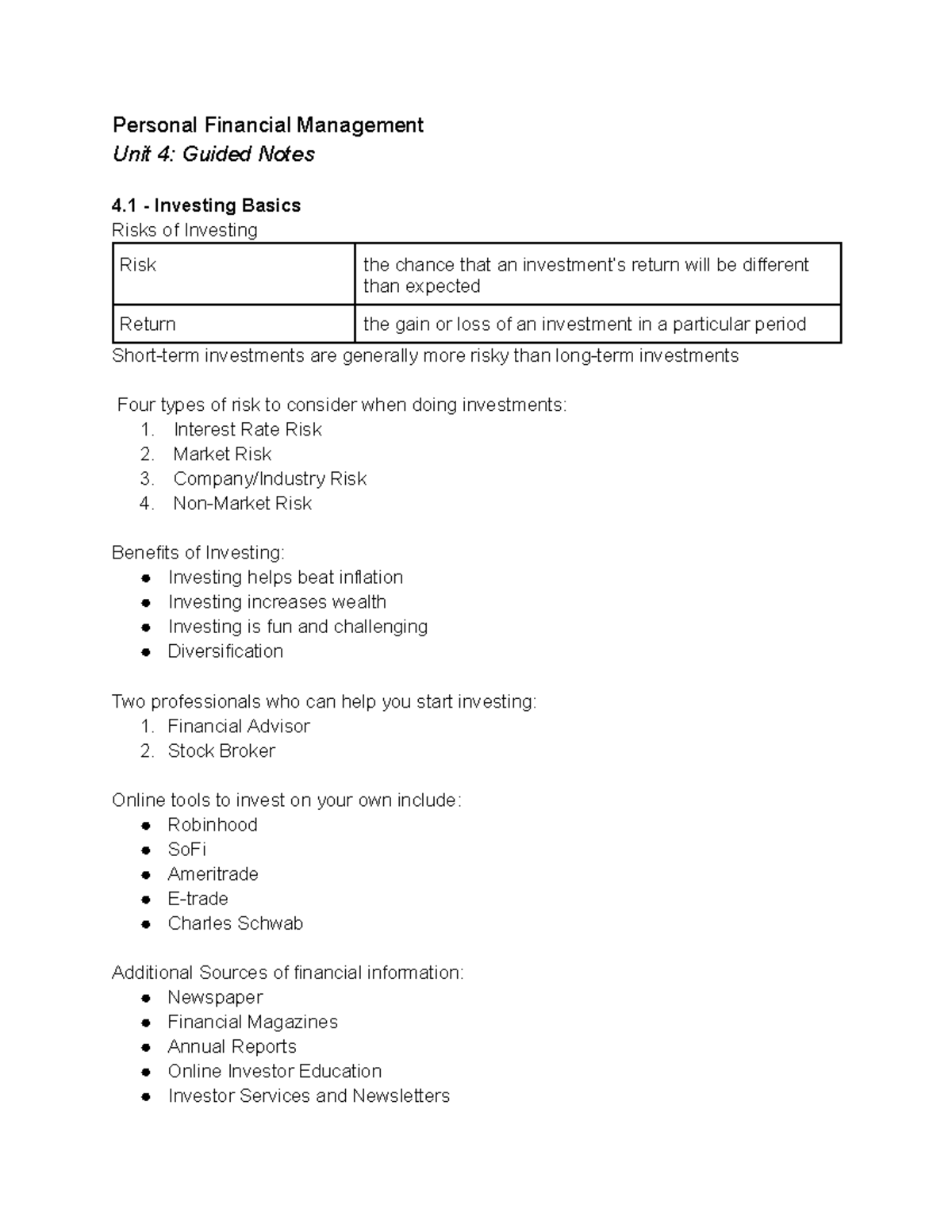 Unit 4 Guided Notes Personal Finance Management - Personal Financial ...