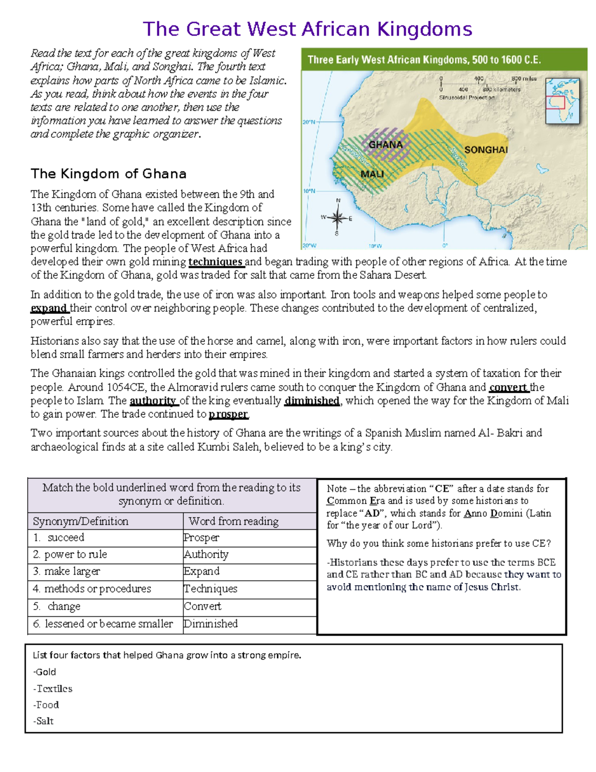 West African Kingdoms Questions Answer Key